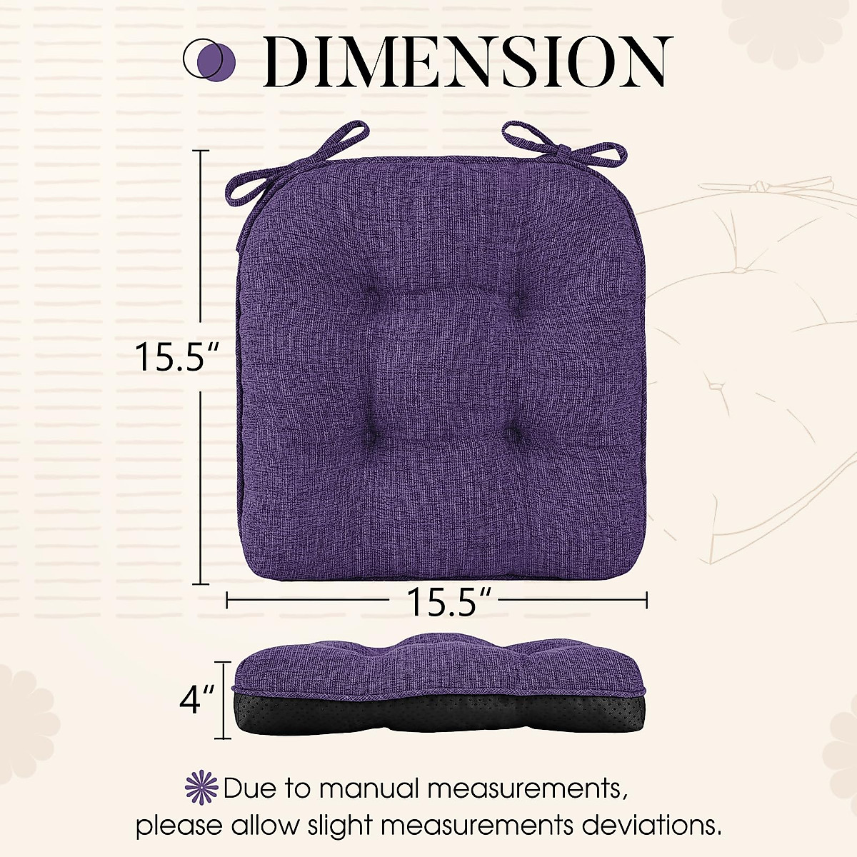 Basic Beyond Chair Cushions for Dining Chairs 4 Pack, Memory Foam Chair Cushion with Ties and Non Slip Backing, 15.5 x 15.5 Inches Tufted Chair Pads for Dining Chairs(Purple)