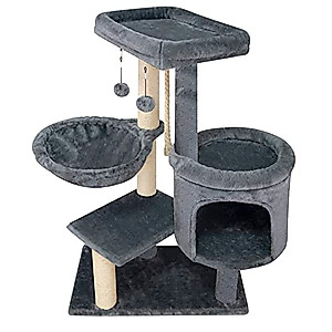 Youpet Fashion Design Cat Tree with Cat Condo Hammock and Two Replacement Hanging Balls,Grey
