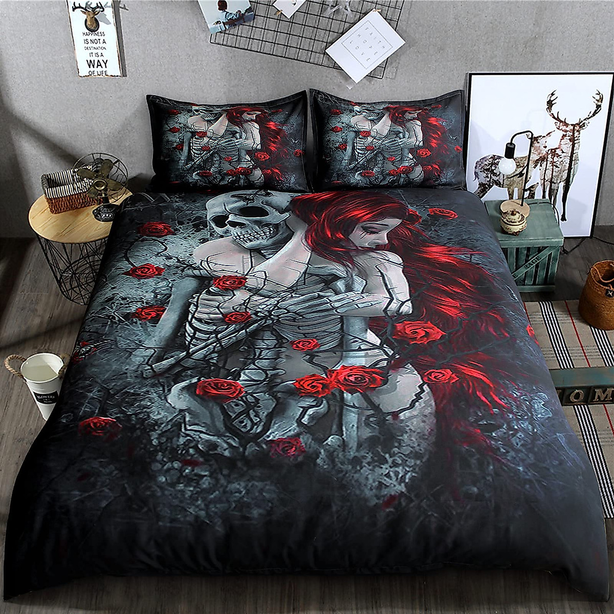 Duvet Cover Full Skull Bedding - 3 of Set Love Never Dies Duvet Cover with Zipper Closure, Super Soft, Fashion, ZHH