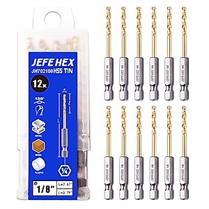 JEFE HEX 1/8" Hex Shank Drill Bits - 12 PCS HSS Titanium Drill Bits with Quick Change Shank Impact Driver Twist Drill Bit Set