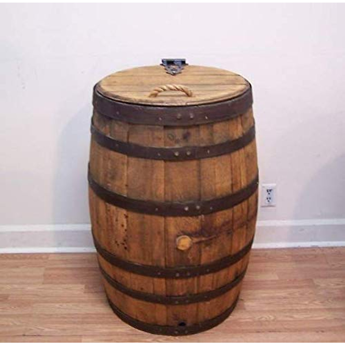 Whiskey Barrel Trash Can with Single Hinged Lid