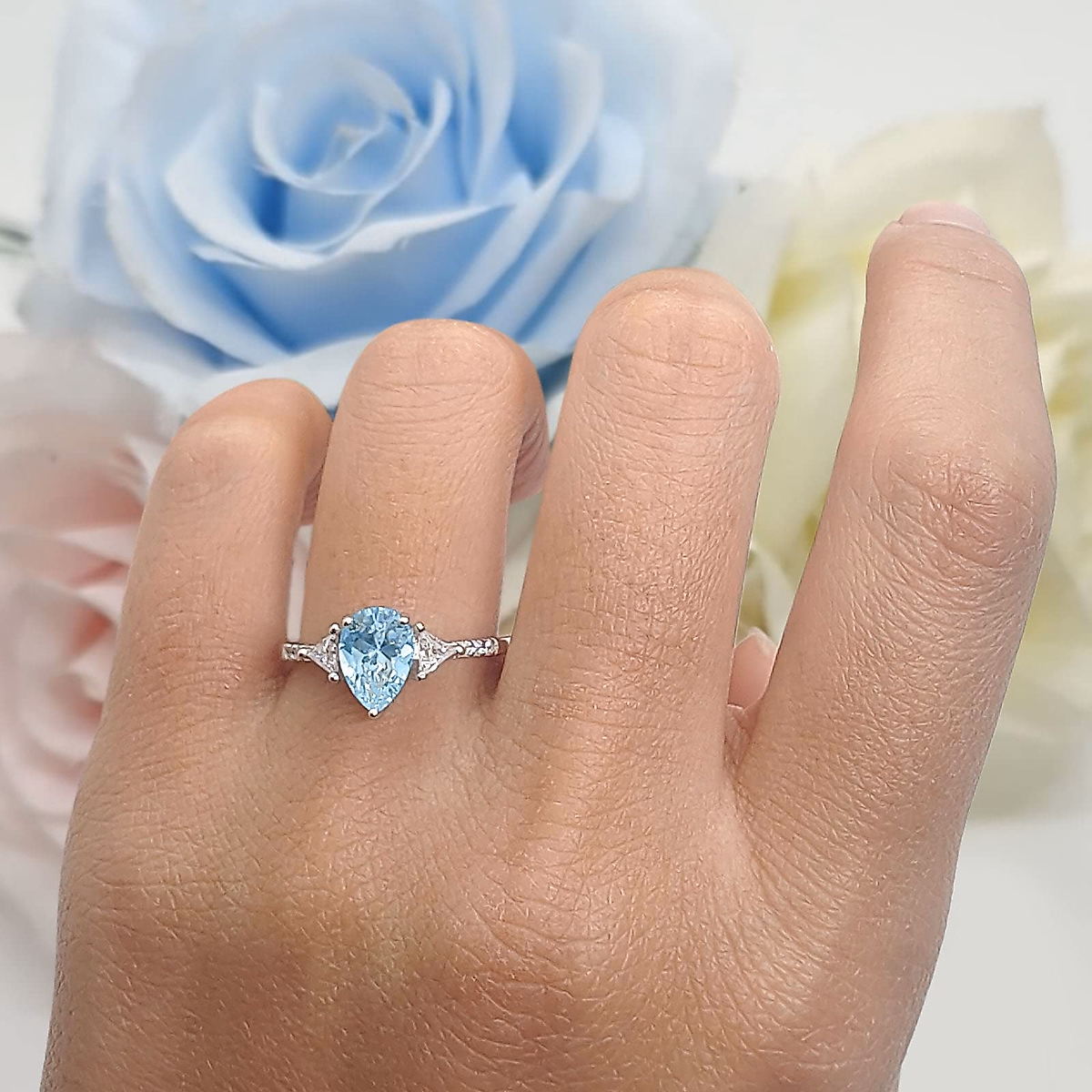 OMRANII Simulated Aquamarine CZ Size-7 Teardrop Pear Art Deco Engagement Wedding Bridal Ring Round Triangle Round CZ 925 Sterling Silver