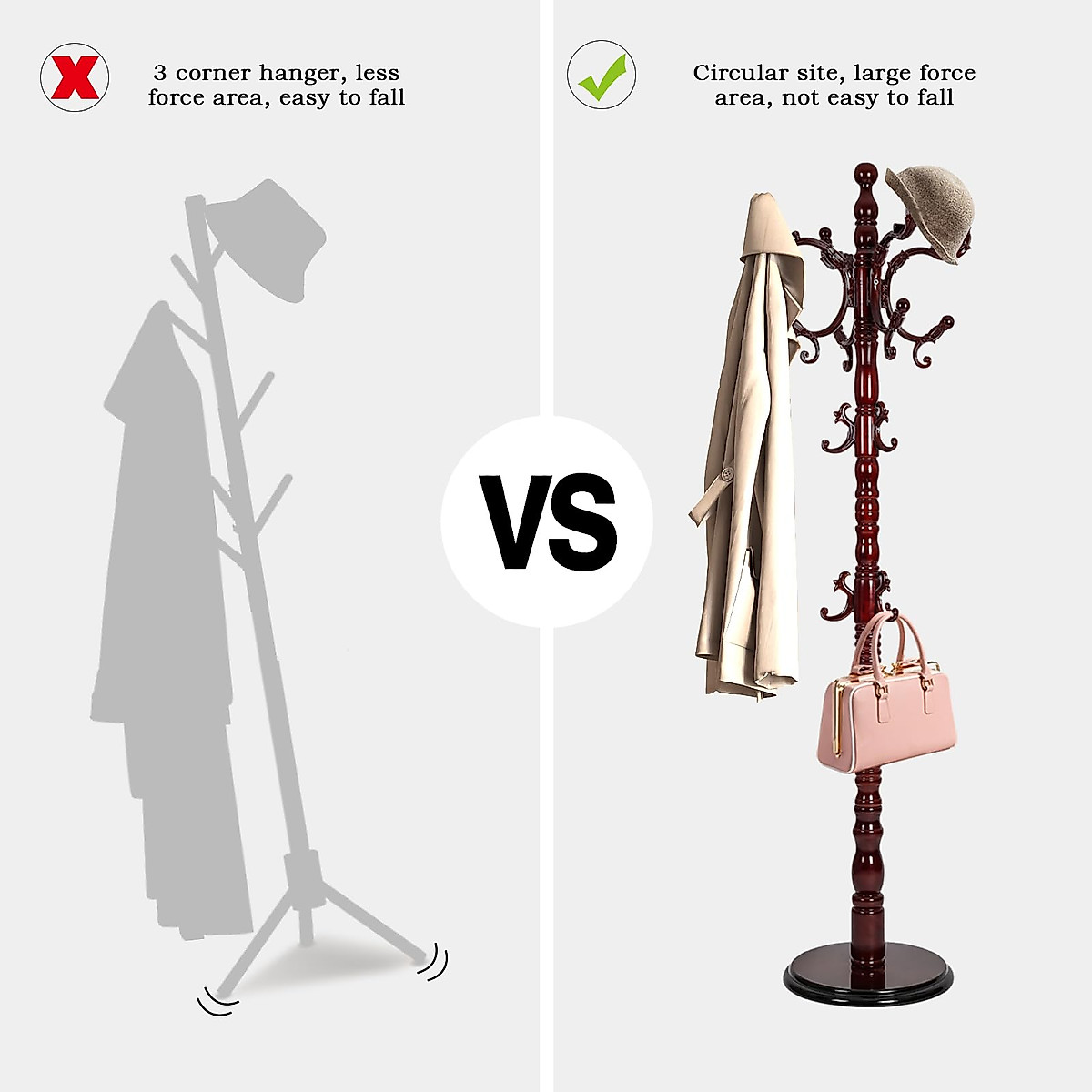 RUFXIEZW Coat Rack Freestanding, Wooden Tree Coat Rack Stand with 3 Adjustable Sizes Coat Tree and 14 Hooks, Sturdy Hall Tree with Solid Round Base for Entryway, Hallway, Bedroom (Reddish brown)