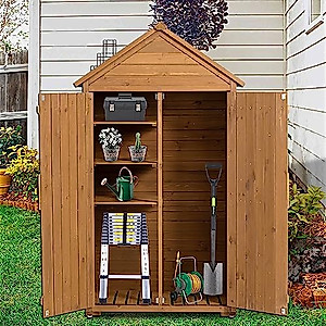 DetalleGo Outdoor Wooden Storage Cabinet, Storage Shed with 3 Detachable Shelves, Lockable Wooden Garden Shed with Waterproof Roof, Outside Vertical Tall Tool Shed for Yard Patio Lawn Deck (Natural)