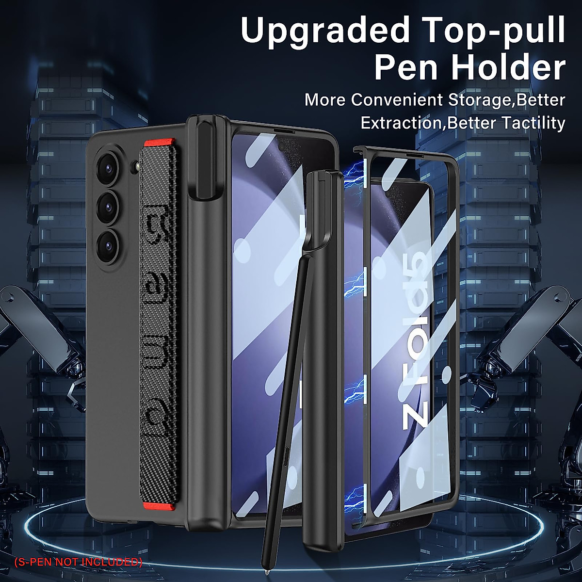 DEMCERT for Samsung Galaxy Z Fold 5 Case with [Fold5 Edition S-Pen Holder] [Wrist Band], Luxury PC Magnetic Shockproof Cover with Screen Protector for Samsung Galaxy Z Fold 5 5G (Carbon Fibre)