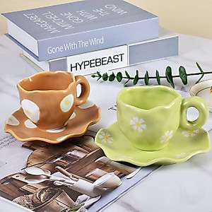 Koythin Ceramic Coffee Mug with Saucer Set, Cute Creative Daisy Cup Saucer for Office and Home, Dishwasher and Microwave Safe, 6.5 oz/200 ml for Latte Tea Milk (Green)