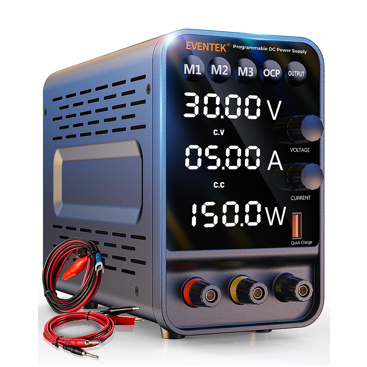 Eventek DC Power Supply, 30V/5A Variable Power Supply with Encoder Adjustment Knob, Memory Switching Bench Power Supply with 4-Digits LED Display, 5V/3.6A USB Output & Banana Plug Lead