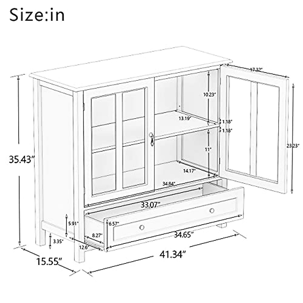 Knocbel Modern Storage Cabinet with Metal Handles, Double Glass Doors, Compartments and Drawer, Buffet Sideboard for Kitchen Dining Room Hallway Entryway, 41.4" L x 15.5" W x 35.4" H (White)