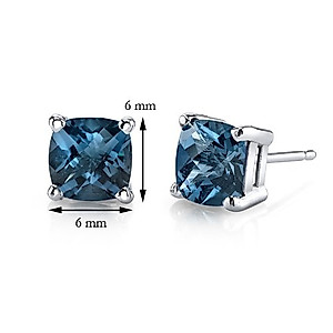 Peora 14K White Gold London Blue Topaz Earrings for Women, Genuine Gemstone Birthstone, Cushion Cut 6mm, 2.25 Carats total, Friction Back
