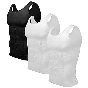 Odoland Men's 3 Pack Body Shaper Base Layer Shirt Tummy Shirt, Black/White/White, XL