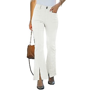 Dokotoo Womens High Waist Bell Bottom Jeans Zipper Fly Flared Denim Pants with Pockets White Size 12