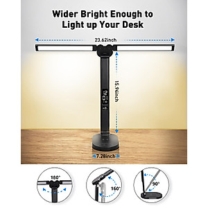 LED Desk Lamps for Home Office, Double Head Table Lamp with Wireless Charger, USB Charging Port, Clock, Alarm, Date, Temperature, Bedside Nightstand Light with Night Light for Bedroom Reading 14W
