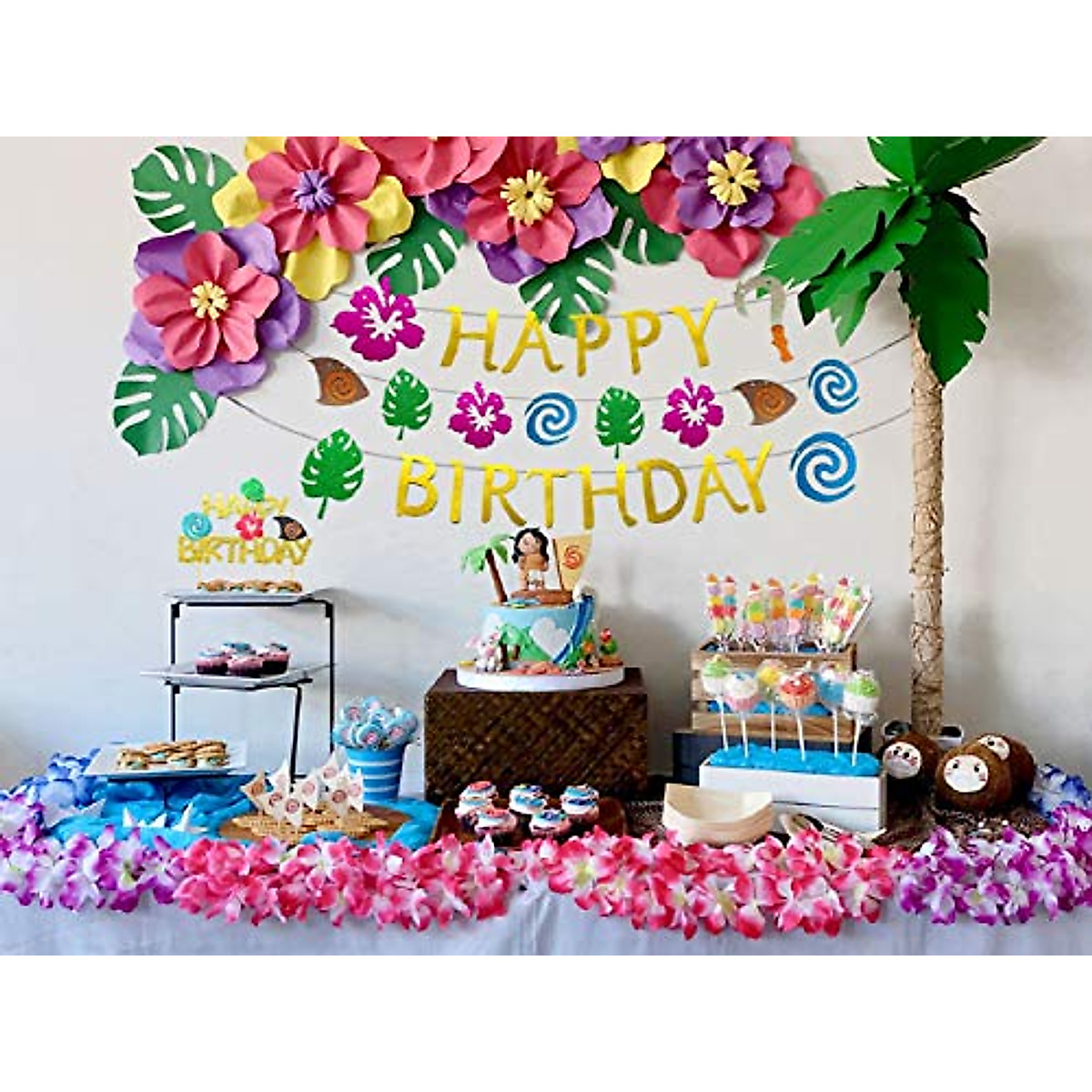 JeVenis Glittery Moana Birthday Banner Moana Cake Topper Moana Birthday Party Decoration Hawaiian Birthday for Tropical Luau Summer Party