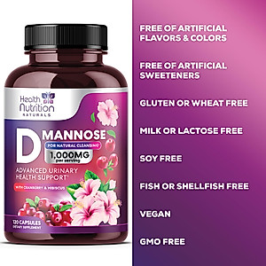 D-Mannose & Cranberry Extract 1350mg Advanced Formula, Fast-Acting Natural Urinary Tract Health Support for Women & Men, Flush Impurities in Urinary Tract & Bladder, Non-GMO, Vegan - 120 Capsules