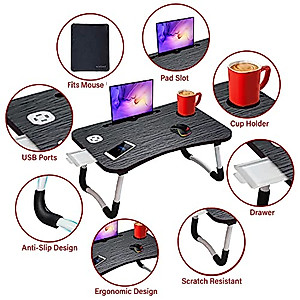 Laptop Table Bed Desk Tray Upgraded with USB Ports, Pad & Cup Holder, Drawer - for Bed/Sofa/Couch/Floor/Work/Study/Reading/Writing/Drawing/Homework - Foldable & Portable Breakfast Table Lap Desk