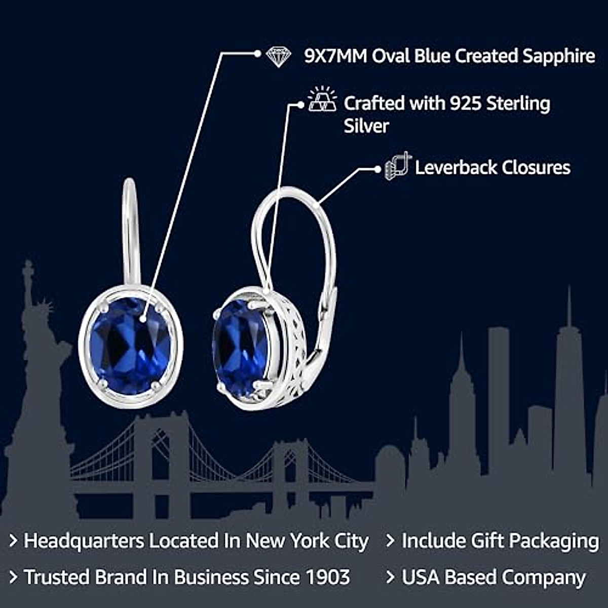 Gem Stone King 925 Sterling Silver Blue Created Sapphire Dangle Earrings For Women (4.60 Cttw, Oval 9X7MM)