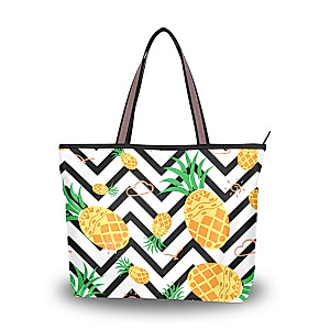 Pineapple Chevron Summer Tropical Large Tote Bags Women Summer Handbags with Zipper Shopper Bag for Mother Day Christmas Gifts for Mom