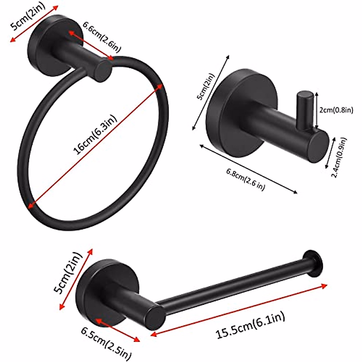 Homestep 5 pcs Bathroom Hardware Set, Stainless Steel Round Wall Mounted Include 20" Bath Towel Bar ,Toilet Paper Holder , Hand Towel Ring , 2 Towel Robe Hooks ,Bathroom Accessories Kit (Matte Black)