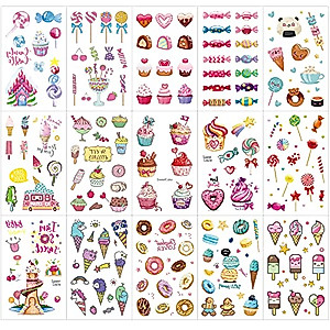Konsait 176PCS Kids Temporary Tattoo, Fake Waterproof Tattoo Stickers For Children Girls Candy Lollipop Ice Cream Sweet Tattoos for Birthday Summer Beach Children's Day Gift Party Favors Supplies