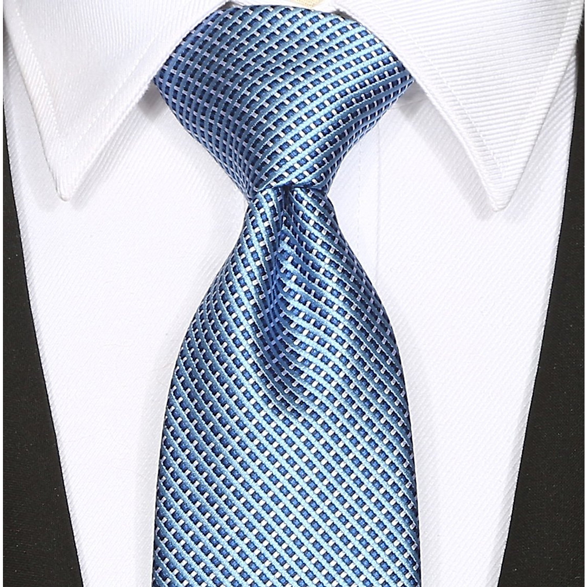 KissTies Mens Blue Tie Set Checkered Necktie Blue Ties + Pocket Square
