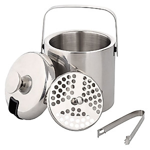 Solid Stainless Steel Ice Bucket for cocktail bar, with Strainer Airtight Lid and Tongs, Well Made Insulated Stainless Steel Double Wall Keep Ice Frozen Longer, Portable and Mini (1.3L)
