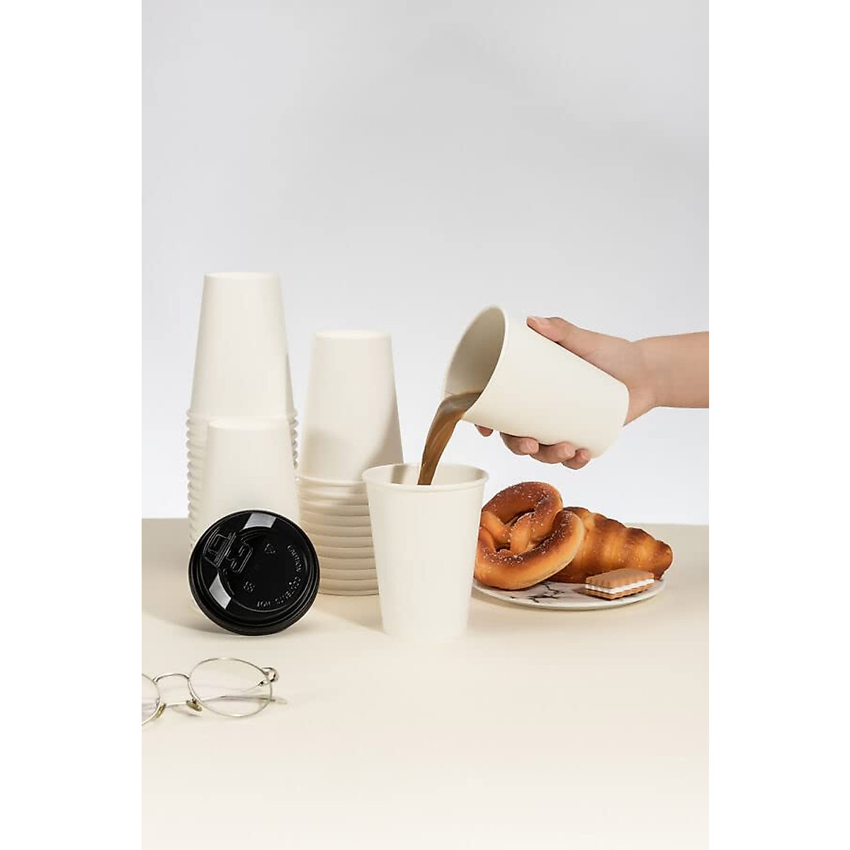 RACETOP [100 Pack 12 oz Hot Beverage Disposable White Paper Coffee Cup with Dome Lid, Large