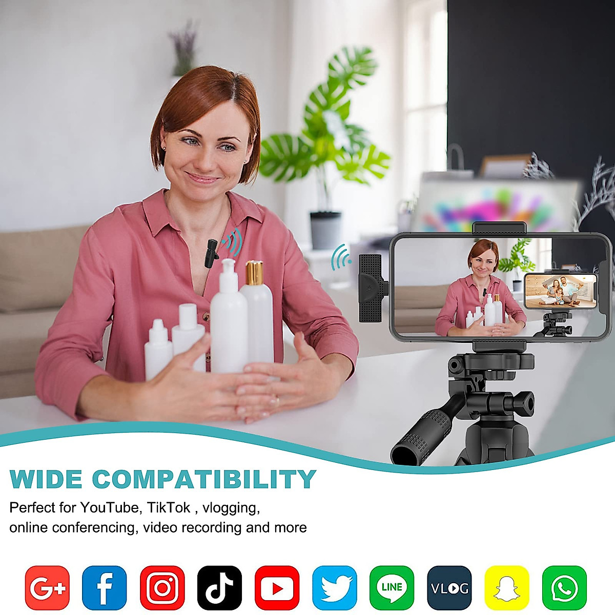 HUHD Wireless Lavalier Microphone Compatible with iPhone iPad Android Devices, Plug and Play Wireless Recording Microphone for TikTok Vlog YouTube, Noise Reduction, No App or Bluetooth Needed
