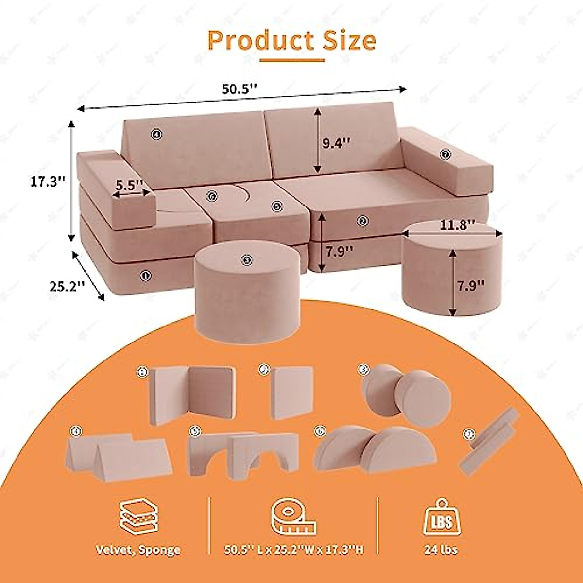 DEYGIA Modular Kids Play Sofa, 13PCS, Pink, Medium, Sponge, Sofa Bed, Sofa