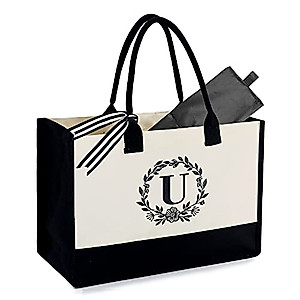 BeeGreen Initial Tote Bag with Zipper Pocket Embroidery Gifts Monogram Beach Tote Bag with Removable Bottom Support 13OZ Canvas Tote Bag Aesthetic for Bridesmaids Teacher Mother's Day Large Tote Bag U