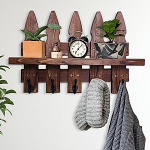 iHangers Coat Rack Wall Mount, Wall Hooks with Shelf, Retro Rustic Fence Style with 5 Hooks for Entryway, Living Room, Bathroom, Bedroom, Kitchen (Burnt wood)
