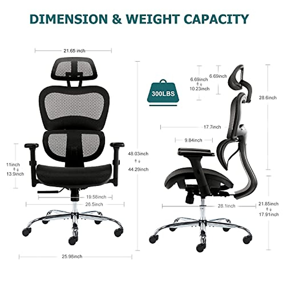 SMUG Ergonomic Office High Back Computer, Mesh Home Desk Lumbar Support, Tilt and Lock, Comfy Rolling Executive Swivel Task Chair with 3D Adjustable Headrest and Armrests, Black