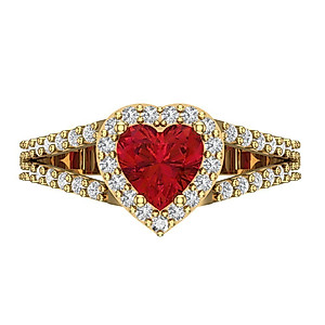 Clara Pucci 1.69ct Heart Cut Solitaire Halo split shank Red Ruby Designer Wedding Bridal art deco Anniversary Ring 14k Yellow Gold 10