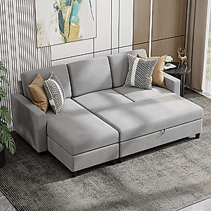 JAMFLY 79'' Sectional Sofa Couch with Storage Ottoman, Living Room Furniture Set Small Deep Convertible Sofa, L-Shaped Couch Wide Reversible Chaise with Linen Fabric (Grey)