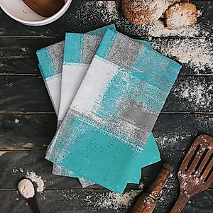 Kitchen Towels Set Abstract Paint Art Graffiti Lattice Tea Towel Microfiber Absorbent Washable Teal Turquoise White Grey Soft Hand Dish Towel Cleaning Cloth for Kitchen Bathroom, 18 x 28 Inch