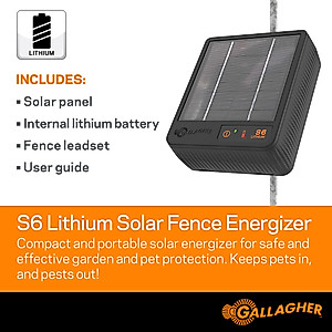 Gallagher S6 Solar Electric Fence Charger | Protect Your Backyard and Pets | Solar Lithium Technology, 0.06 Stored Joule Energizer | Unique Post Mounting System | Portable and Super Tough