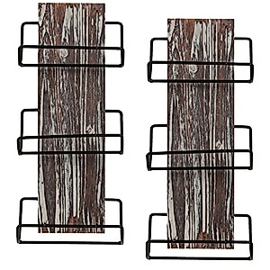 MyGift Wall Mounted 3 Tiered Matte Black Metal Wire Towel Holder for Rolled Towels with Torched Wood Mount Backing, Decorative Hand and Bath Towel Storage Rack, Set of 2