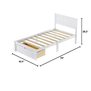 PPHOME Twin Size Platform Bed with Under-Bed Drawer, Solid Wood Platform Bed Frame with Headboard and Footboard/No Box Spring Needed/Easy Assembly for Kids Teens Bedroom, White