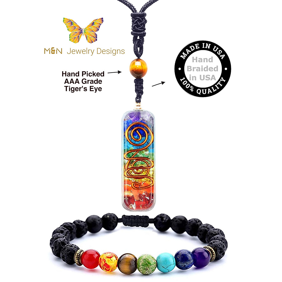 M&N Jewelry Designs Crystals and Healing Stones - 7 Healing Energy Chakra Stones, Natural Tiger Eye, Adjustable (Necklace and Bracelet)