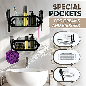 D&E Living Co. Modern Shower Shelf Adhesive Bathroom Shower Organizer Stainless Steel Shower Caddy Adhesive, Elegant Rust-Proof Shower Rack, No Drilling Shower Storage, Shower Wall Organizer- Black