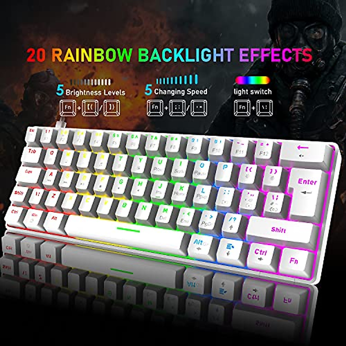 60% True Mechanical Gaming Keyboard Ultra-compact with 20 Rainbow Backlit Type C Wired Programmable 62 Keys Tactile Blue Switch Waterproof Non-Conflict and Gaming Mouse Pad for PC/Laptop/PS5（White)