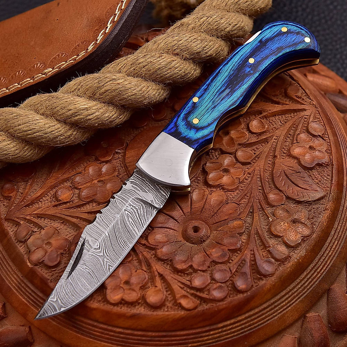 Forgemen FM807 Pocket knife, Folding Clip Damascus Handmade Custom for Men Cool Good Camping Hunting Fishing & s Activities EDC Knives Leather Sheath Knife., Blue (Blue)