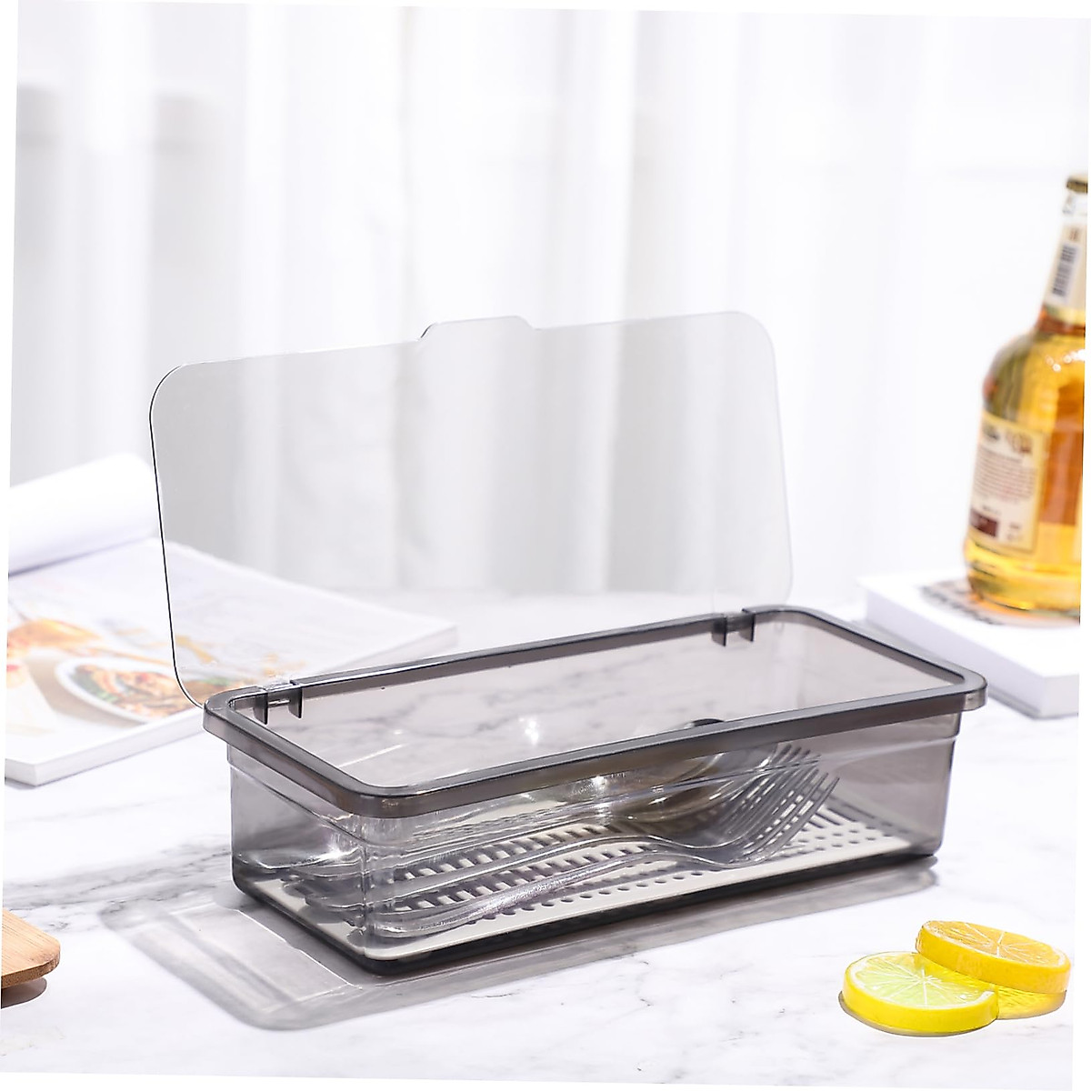 TOPBATHY Flatware Plastic Tray with Lid Kitchen Cutlery and Utensil Drawer Organizer Silverware Countertop Storage Container (Black)