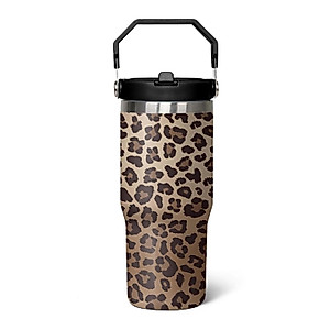 qwpmvhsak 30 oz Tumbler With Handle,Leopard Print Skinny Vacuum Insulated Tumbler With Flip Straw,Cute Cheetah Print Cups Water Bottle CoffeeTravel Tumbler, Leopard Decor/Accessories for Women
