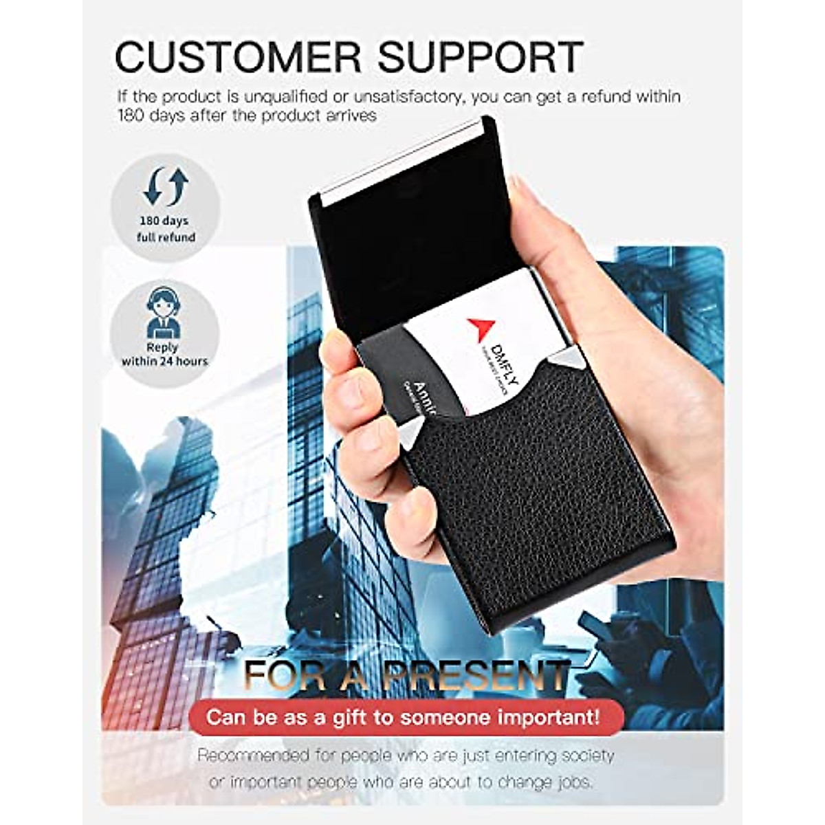 DMFLY Business Card Holder Case - PU Leather Business Card Case Name Card Holder Slim Metal Pocket Card Holder with Magnetic Shut, Black