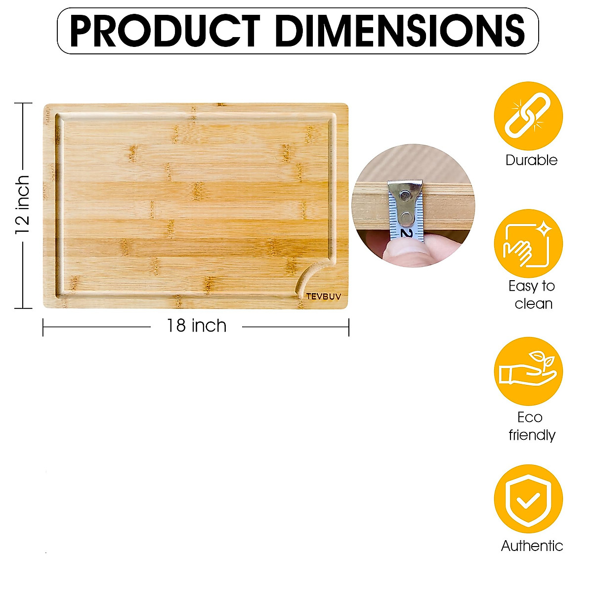 TEVBUV Large Bamboo Cutting Board – 18 x 12-inch Chopping Board with Juice Groove for Meat, Vegetables, Fruits, Cheese – Multipurpose Wooden Cutting Board, Serving Tray, Charcuterie Board with Handle