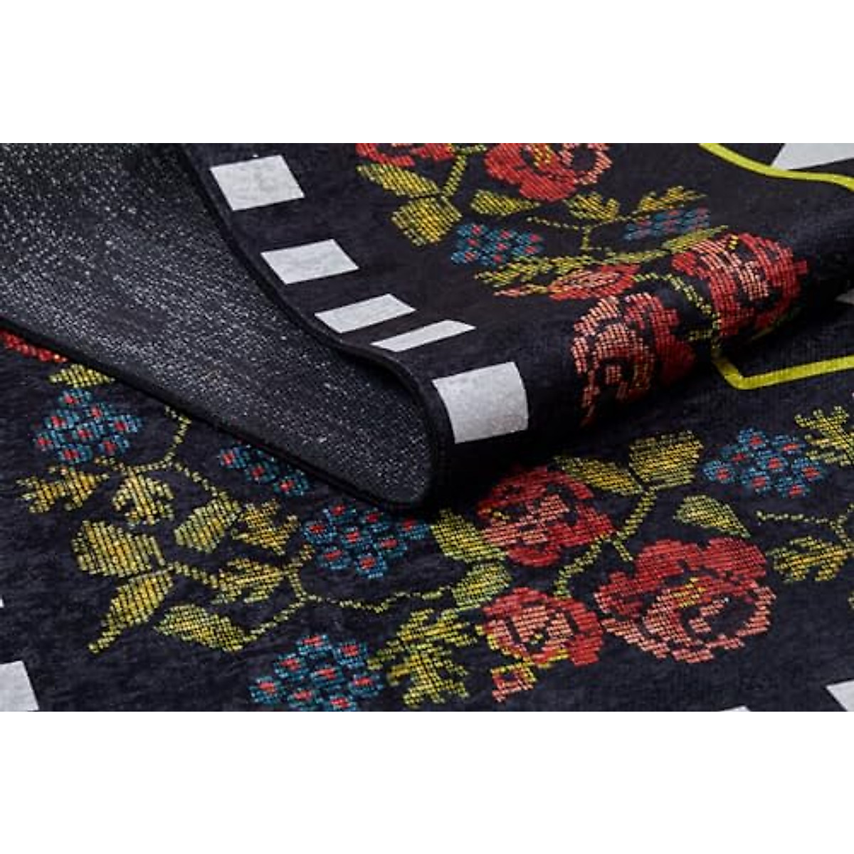 BESPOKY Noginsk Black Floral, Cotton Polyester Area Rug, Machine Washable Rug, Non Slip Rug, Living Room, Bedroom, Nursery, Hallway, Corridor, Rug, Indoor Outdoor Area Rug