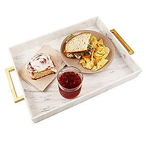 Acrylic Serving Tray with Gold Handles, 16" x 12" Decorative Trays for Coffee Table, Spill Proof Food and Drinks Server, Ottoman Tray for Countertop, Kitchen, Vanity, Serving Party Platter (Marble)