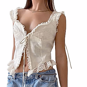 Women Lace Frill Crop Camis Square Neck Sleeveless Tank Tops Aesthetic Kawaii Tanks Vest Sweet Fairy 00S Streetwear