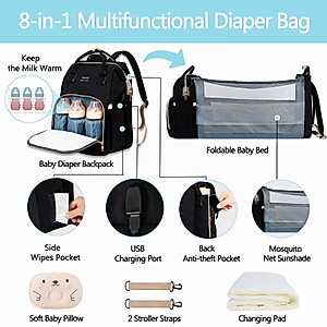 PaurFu Updated 8-in-1 Diaper Bag Backpack, Multifunctional Diaper Baby Bag for Mom Dad with Bassinet Bed,Changing Station,Soft Baby Pillow,Mosquito Net Sunshade and USB Charge Port etc.