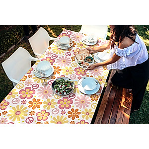 Buxiuer Groovy Tablecloth Retro Hippie Boho Daisy Birthday Party Decoration Disposable Plastic Table Cloth Waterproof Table Cover Dining Room Kitchen Decor 54 x108 Inch -Pack of 2